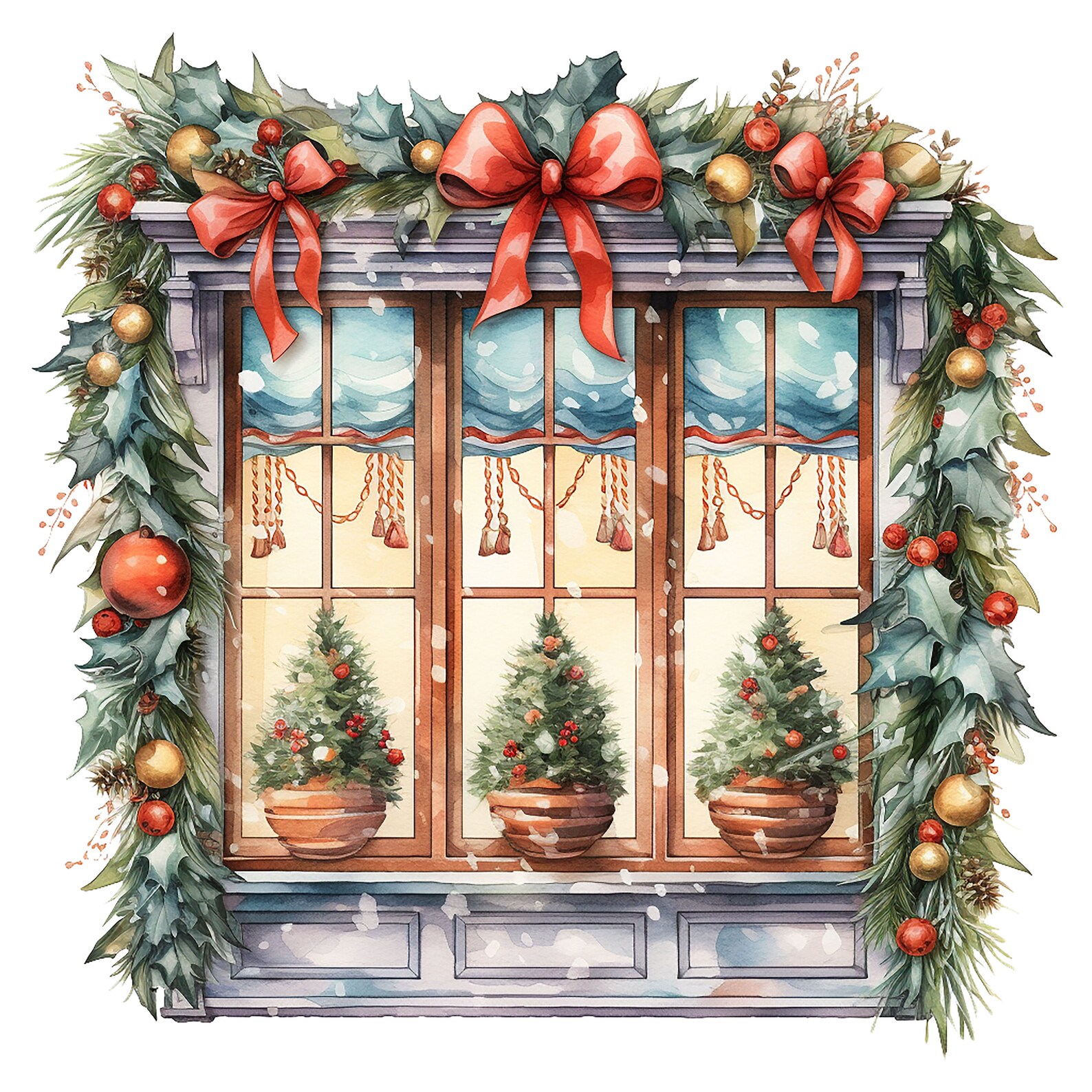 18 JPG, Watercolor Christmas Window Clipart, Watercolor Christmas ...