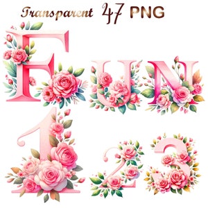 47 PNG, Watercolor Bright Pink Floral Alphabet Collection Clipart, Pink ...