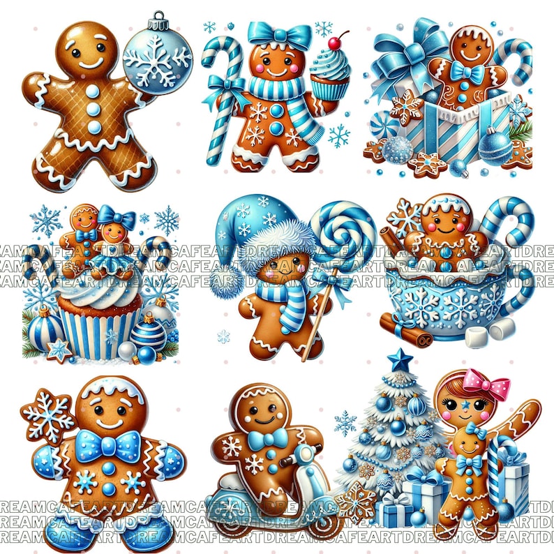 Blue Gingerbread Clipart Bundle, 134 Festive Cookie Graphics, Holiday ...