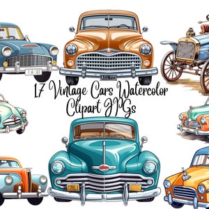 17 Vintage Cars Watercolor Clipart, Jpgs,car Bundle Jpg,watercolor ...