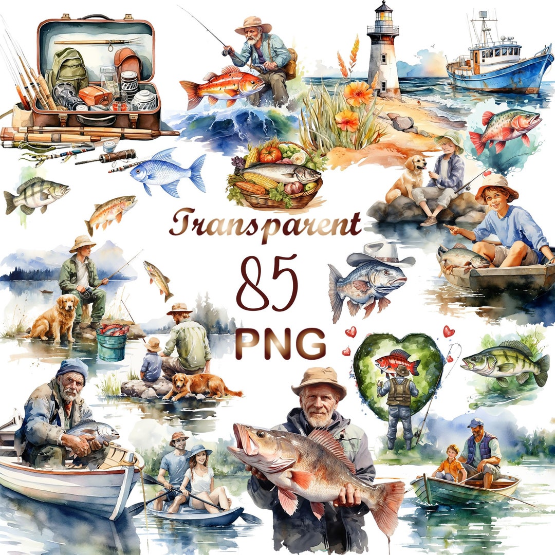 85 Watercolor Fishing Clipart PNG, Fishing Clipart Bundle, Fishing 85 ...