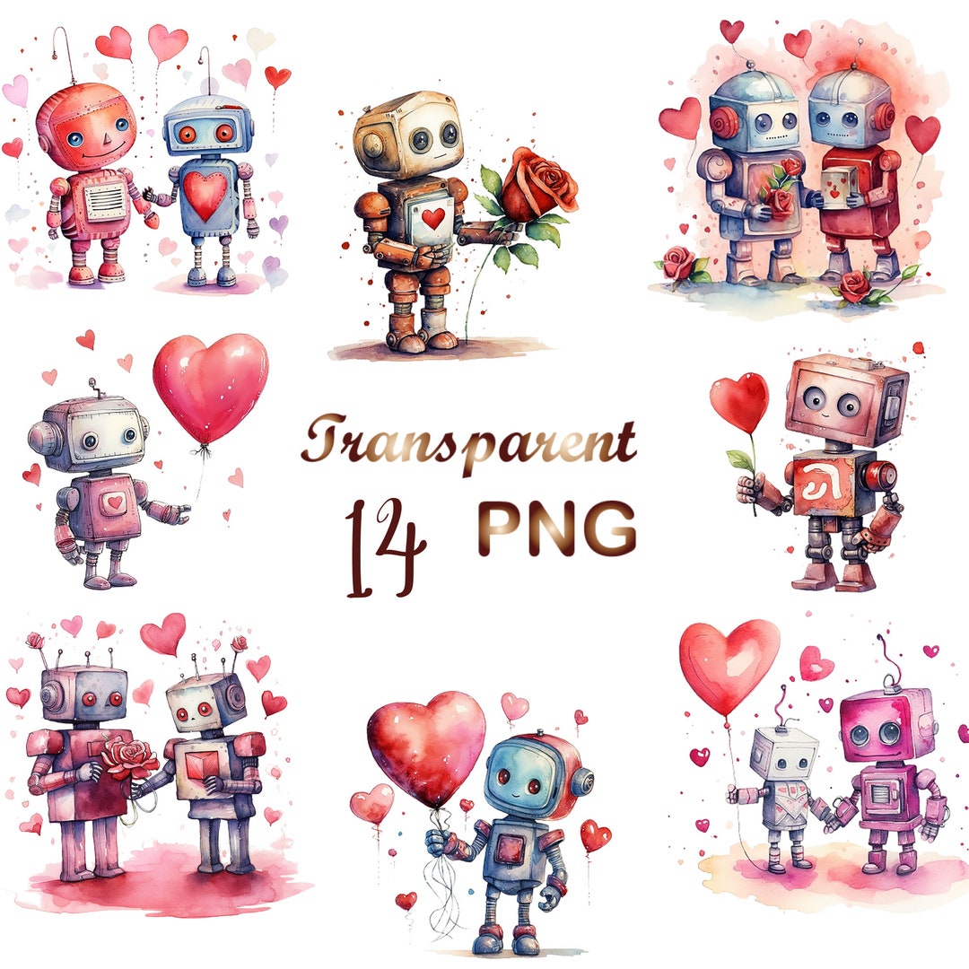 14 Watercolor Valentines Robot Clipart Png,valentines Robots High ...