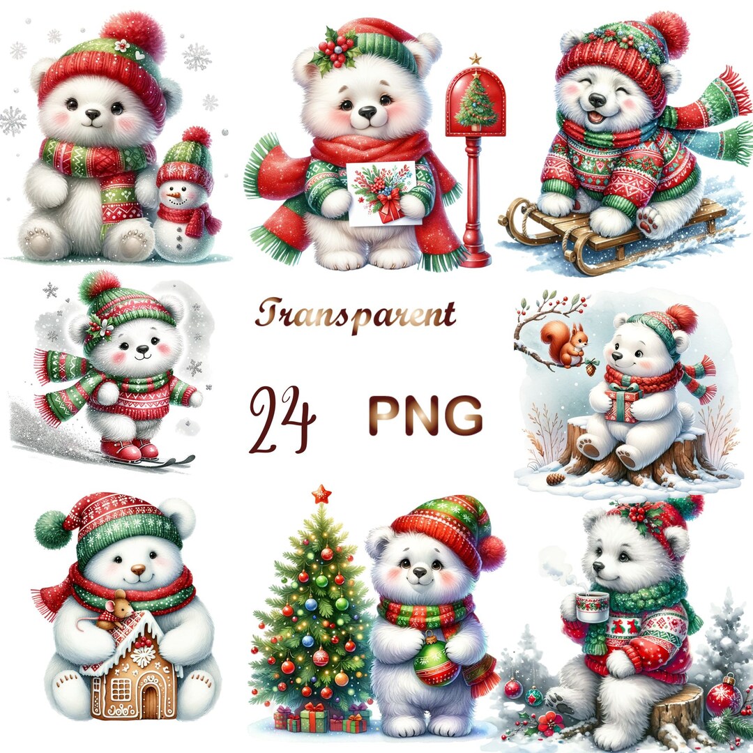 24 PNG, Christmas Polar Bear Clipart Bundle, Polar Bear Clip Art, Cute ...