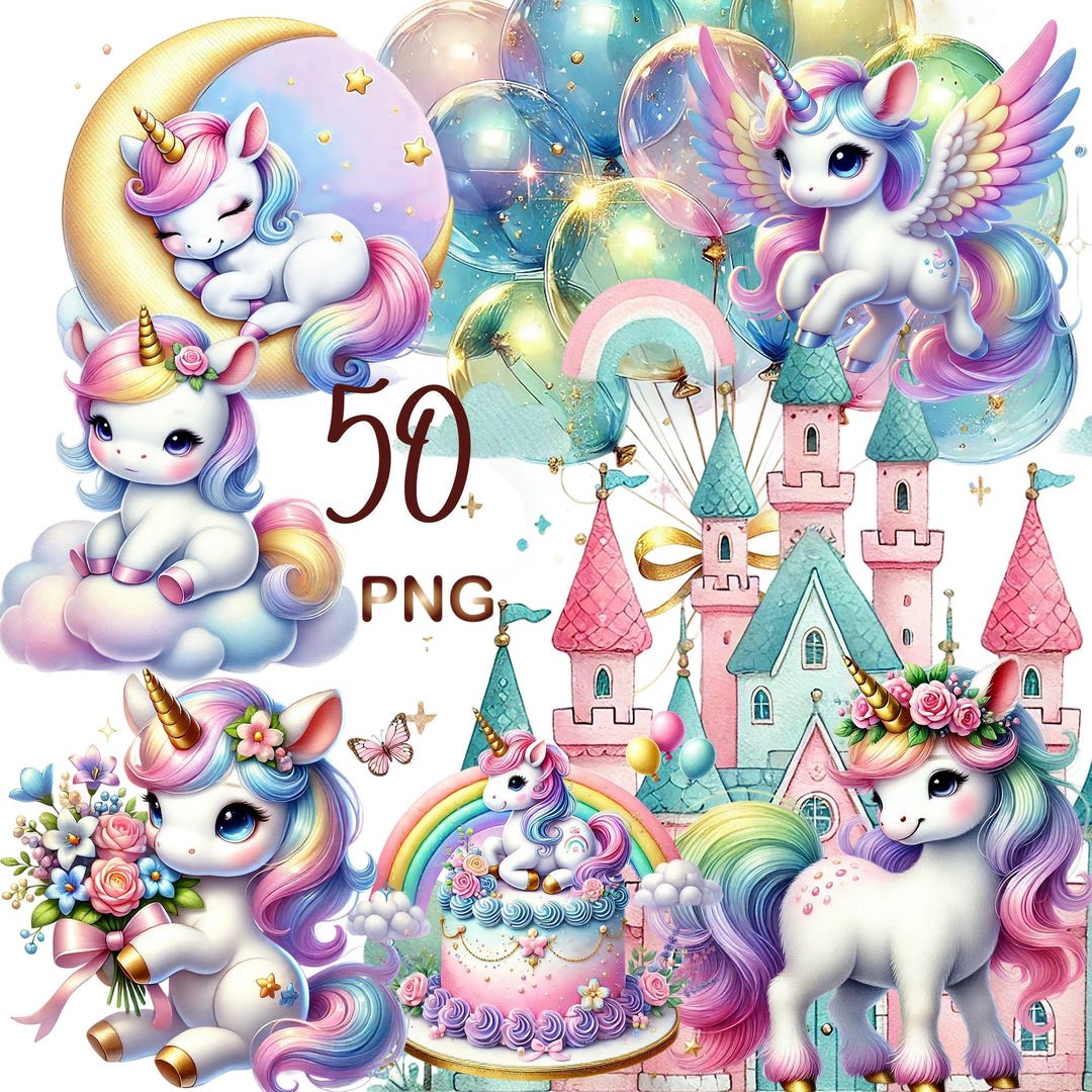 50 PNG Baby Unicorns Clipart Bundle, Magical Unicorn Graphics,cute ...