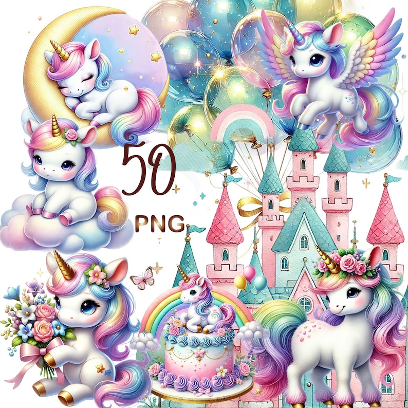 50 PNG Baby Unicorns Clipart bundle, Magical Unicorn Graphics,cute ...