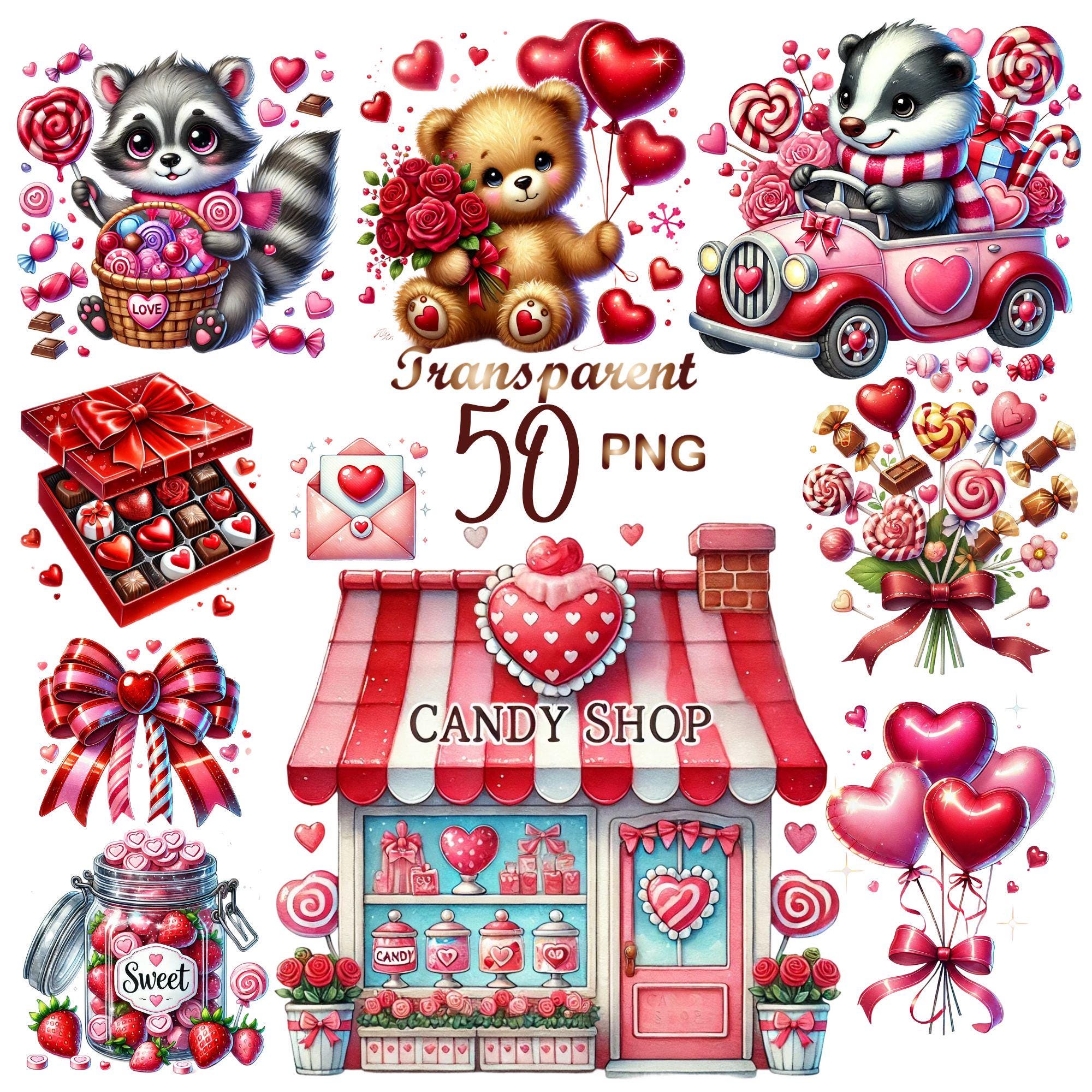 Cute Valentine Candy Shop Clipart Bundle – 50 PNG, Sweet Animals ...