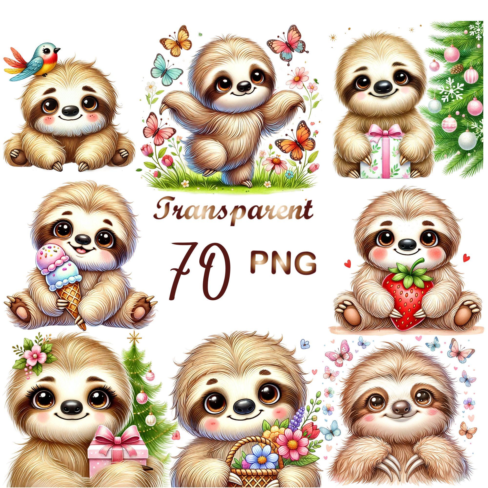 Watercolor Sloth Clipart Bundle, 70 PNG Cute Sloth Clipart, Cute ...