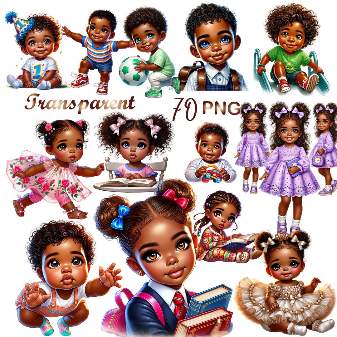 70 PNG Beautiful Black Kids Clipart Bundle | African American Boys ...