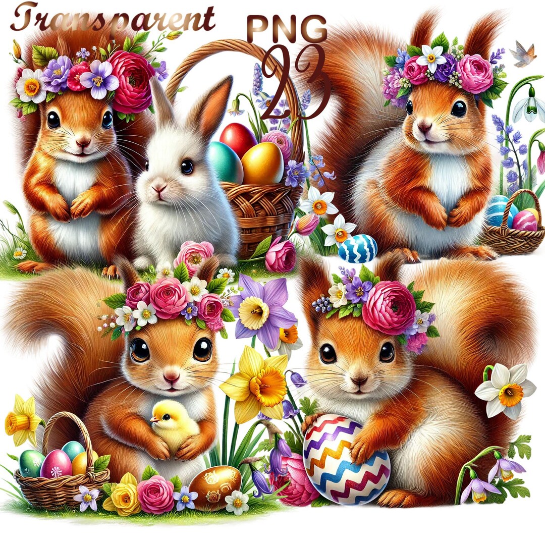 23 PNG Easter Squirrel Clipart Bundle, Easter Spring Graphic Design ...
