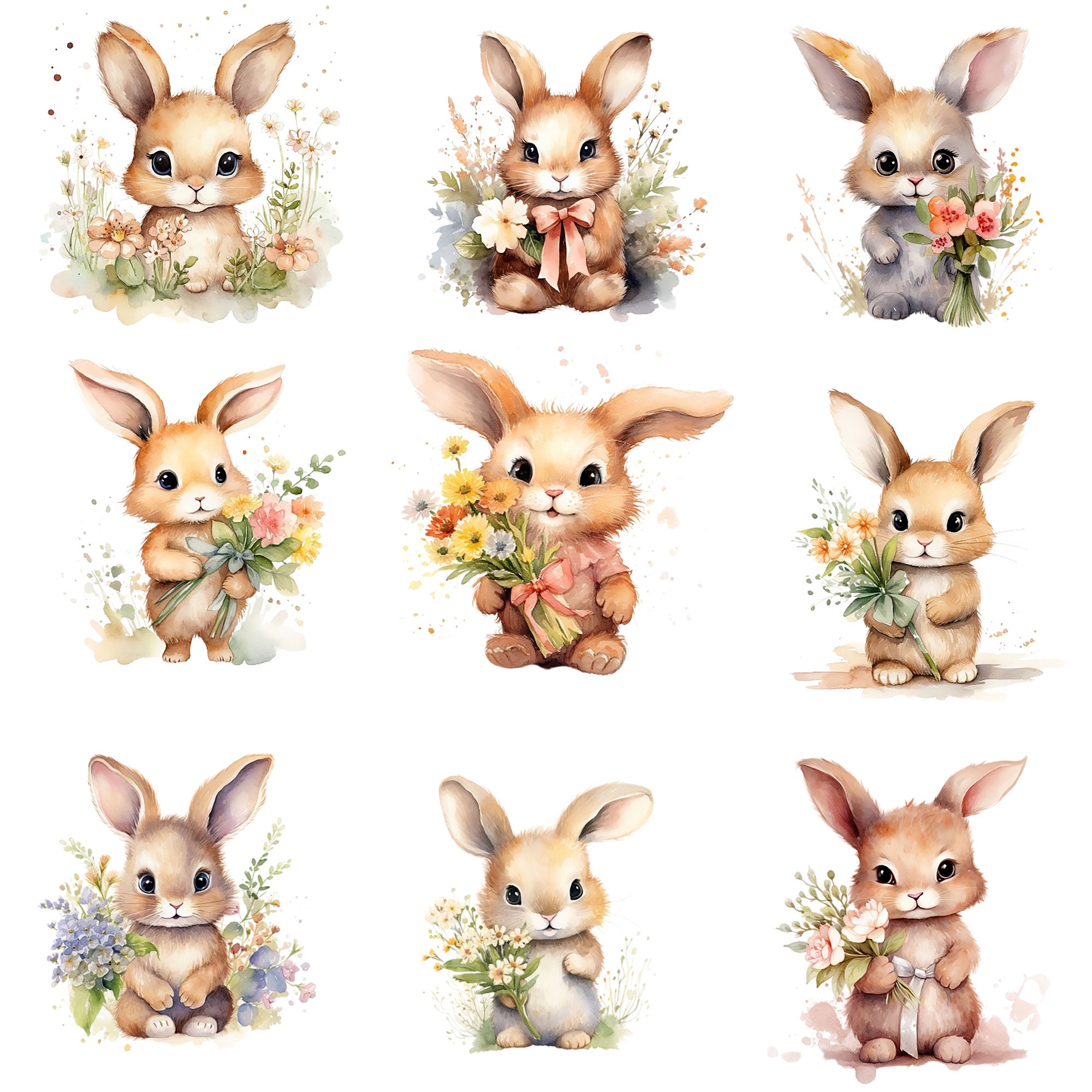 14 Bunnies With Flowers Jpgs, Bunny Clipart,cute Bunny,commercial Use ...