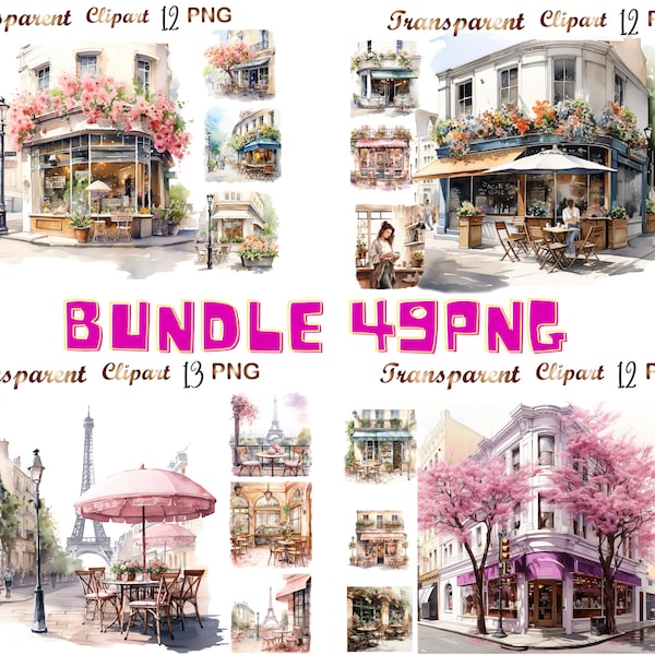15 Cafe in Paris Clipart, Watercolor French Cityscape Clip Art ...