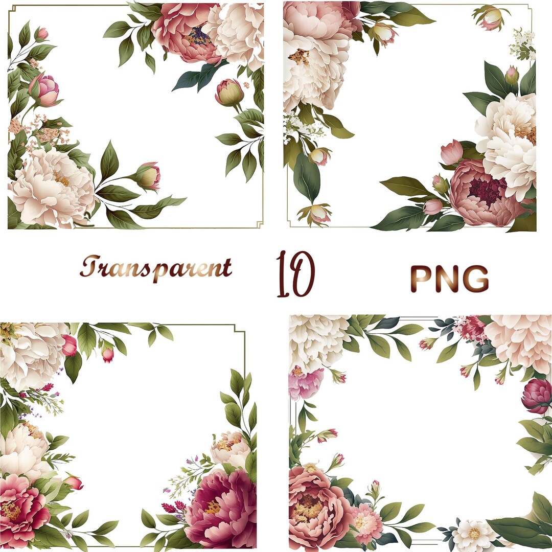 10 PNG, Peony Frames Png, Floral Clipart, Watercolor Flower Border ...