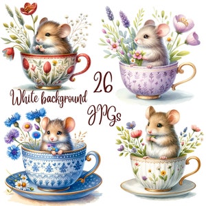 26 Jpgs, Mouse Clipart Bundle, Mouse in a Cup Graphic Design, Flower ...