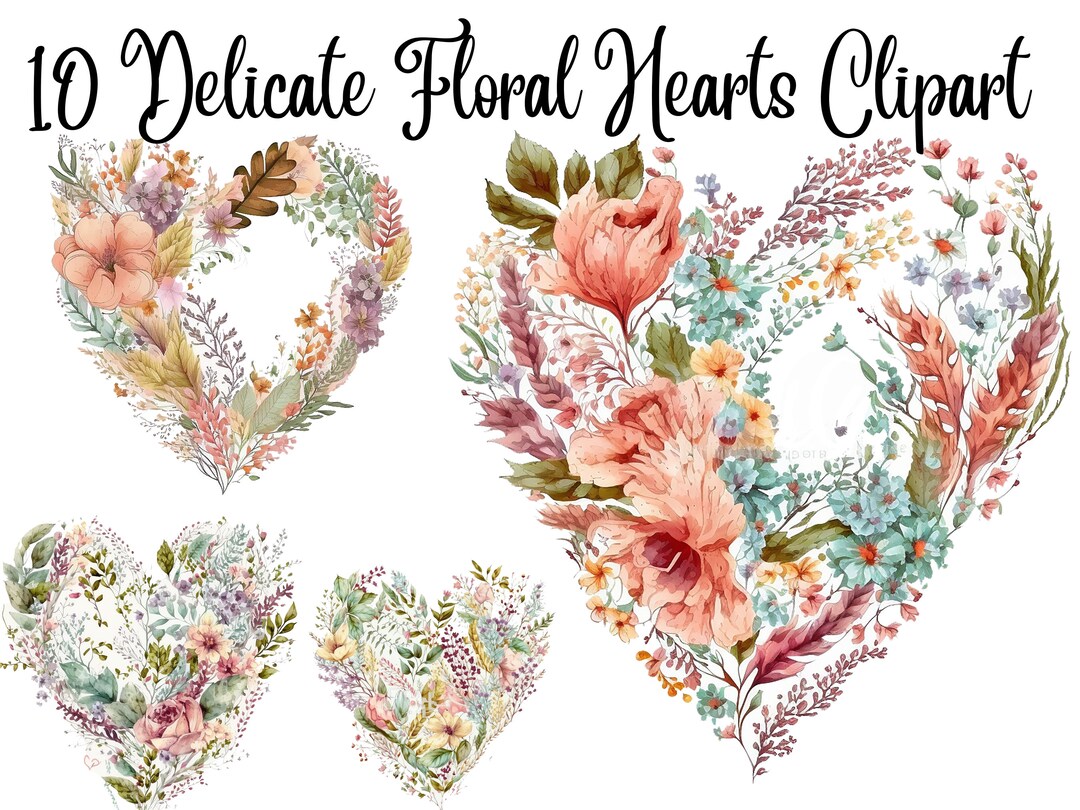 10 Floral Hearts Clipart, Floral Clipart, Jpgs, Commercial Use, Digital ...