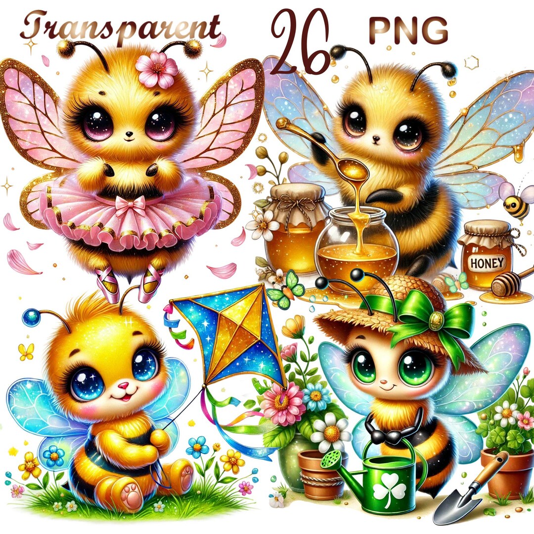26 PNG Cute Bees Clipart Bundle, Adorable Sweet Honey Bee Illustrations ...