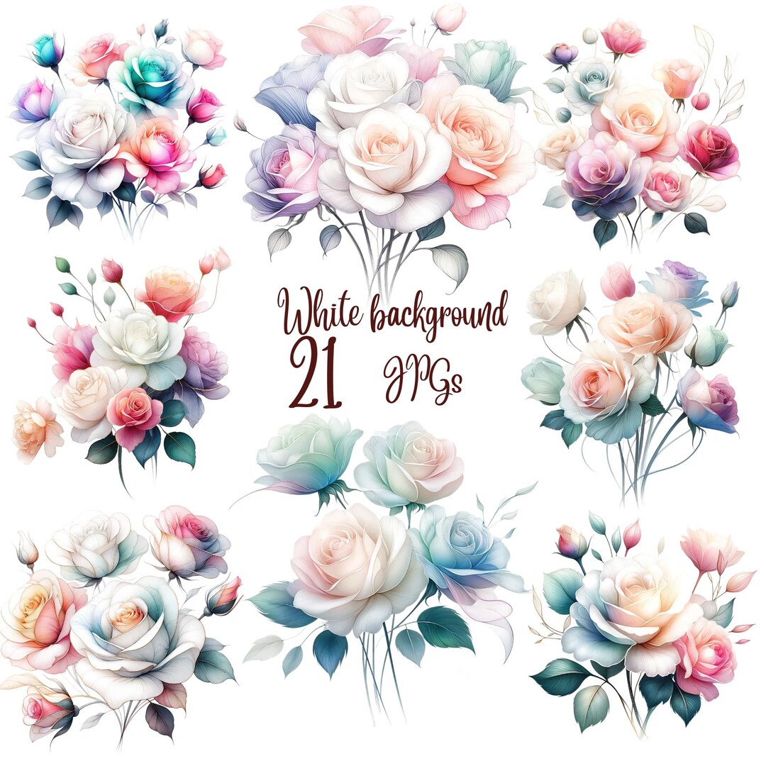 21 Jpgs,watercolor Rose Flowers Clipart Bundle,roses Flowers Clipart ...