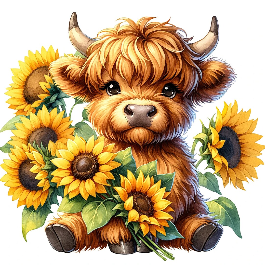 20 Jpgs, Watercolor Sunflower Highland Cows Collection Clipart, High ...