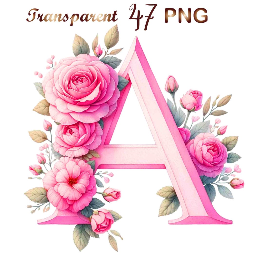 47 PNG, Watercolor Bright Pink Floral Alphabet Collection Clipart, Pink ...