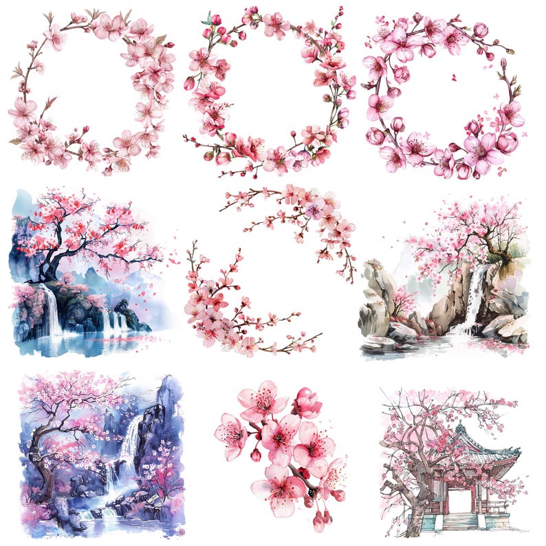 145 PNG, Watercolor Sakura Clipart Bundle, Spring Flowers Clipart ...