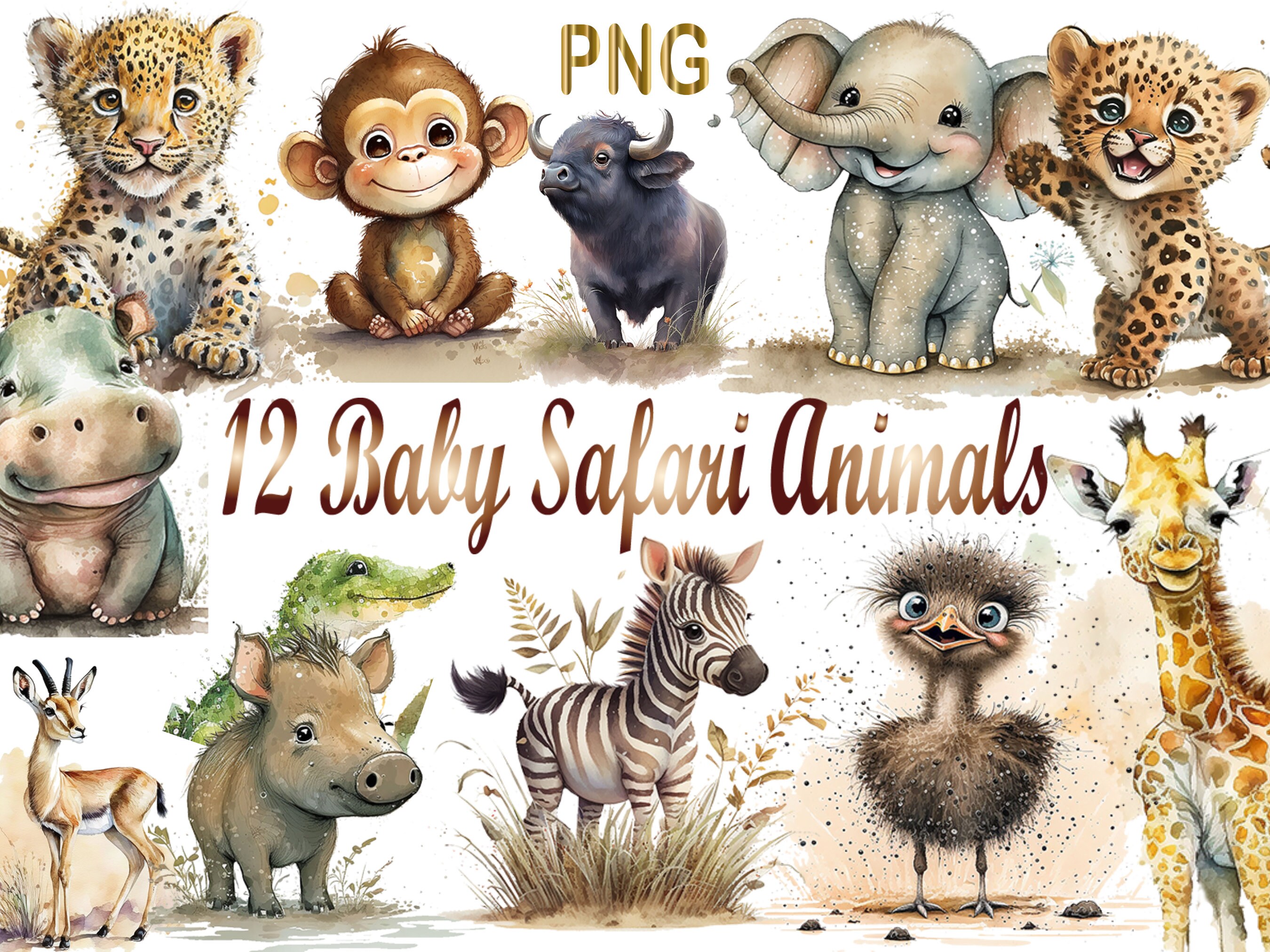 12 Watercolor Safari Baby Animals Png, Safari Animal Png, Safari Baby ...
