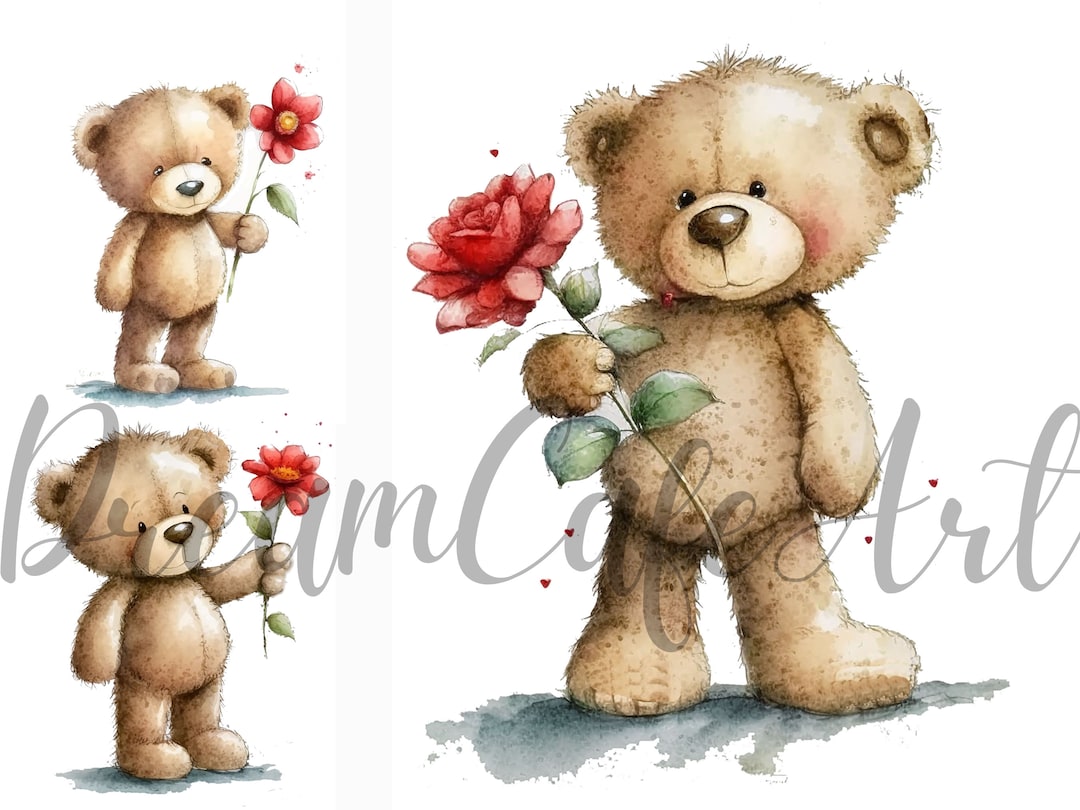 5 Teddy Bear With the Flower Clipart, Jpgs, High Quality, Digital ...