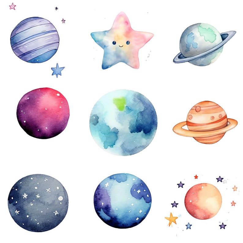 70 Watercolor Space Clipart Bundle, PNG, Sun Watercolor Clipart ...