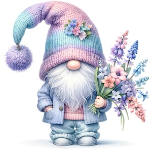 30 PNG, Watercolor Spring Gnome Clipart Bundles, Gnome With Flowers ...