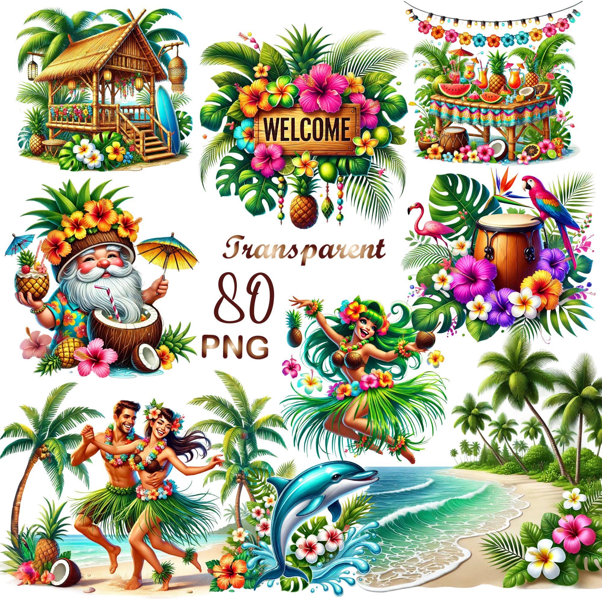 Tropical Luau Clipart Bundle – 80 PNG, Hawaiian Beach Party Graphics ...