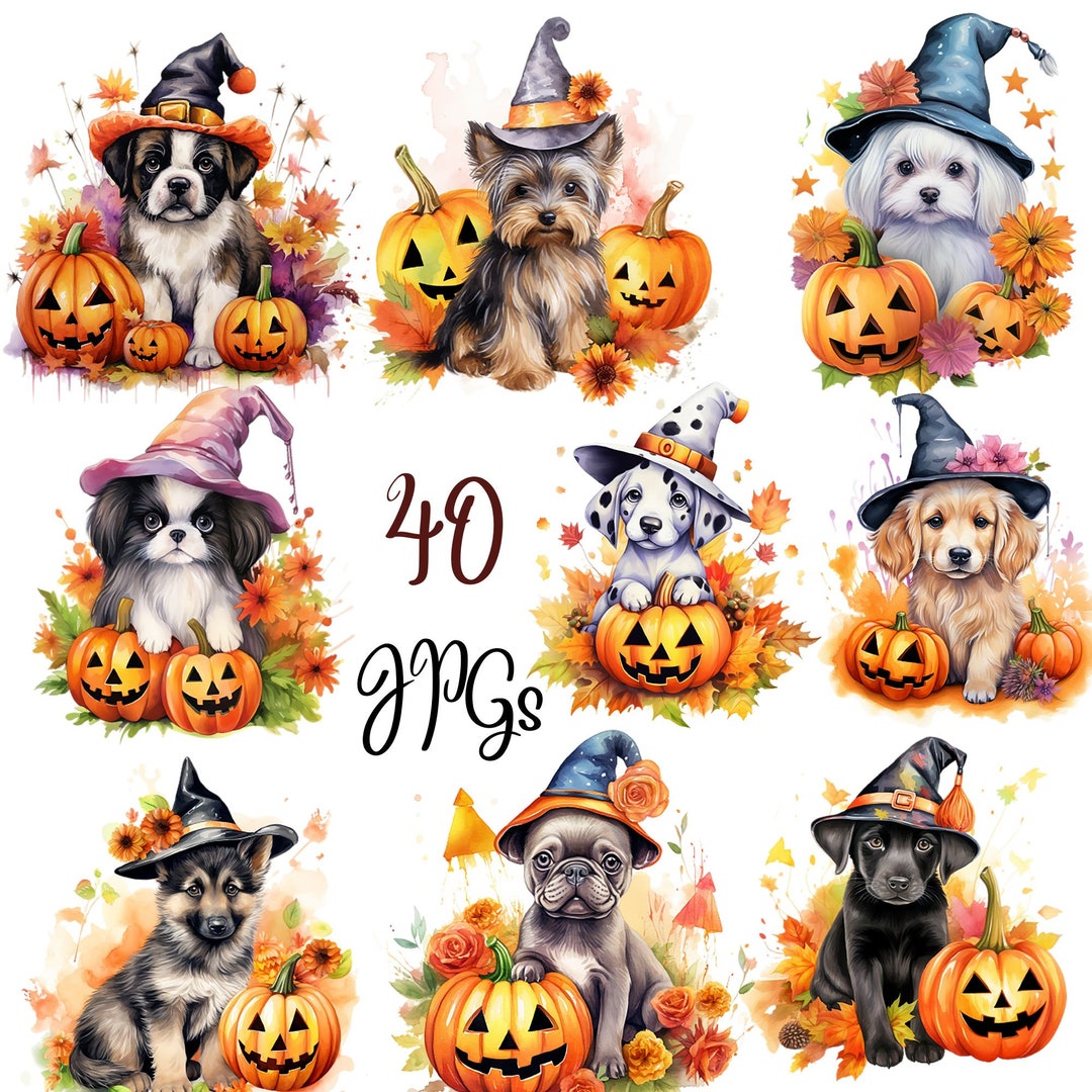 40 Watercolor Puppy Halloween Clipart Jpgs, Halloween Clipart, Jpgs ...