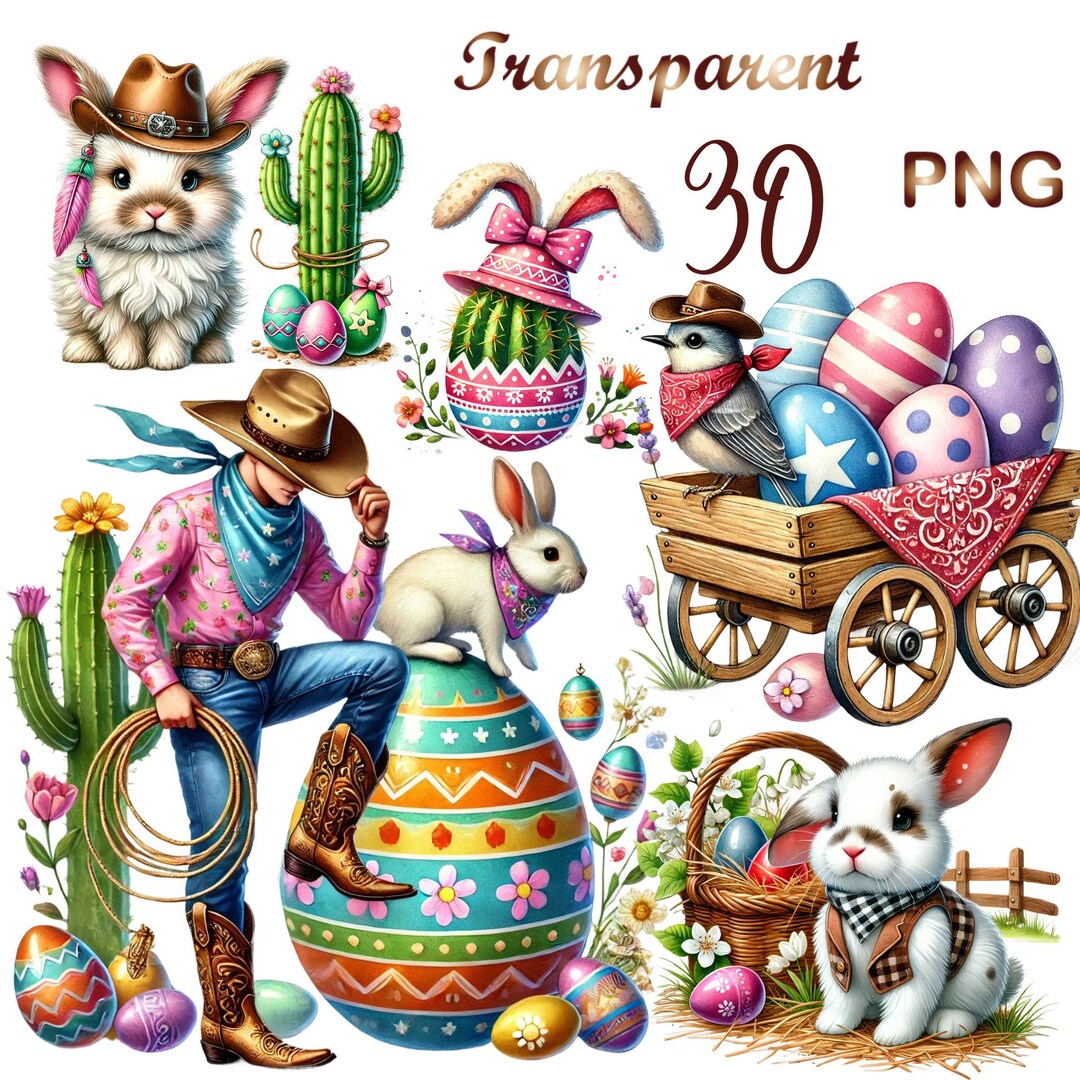 30 PNG Western Easter Clipart Bundle, Holiday Cowboy Illustrations ...