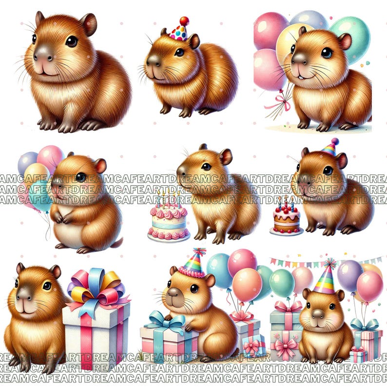 Capybara Birthday Clipart Bundle – 50 PNG Cute Party Animals, Cute ...
