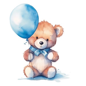 12 Teddy Bear Blue Balloon Jpgs, High Quality, Digital Planner, Paper Crafts, Watercolor, Teddy ...