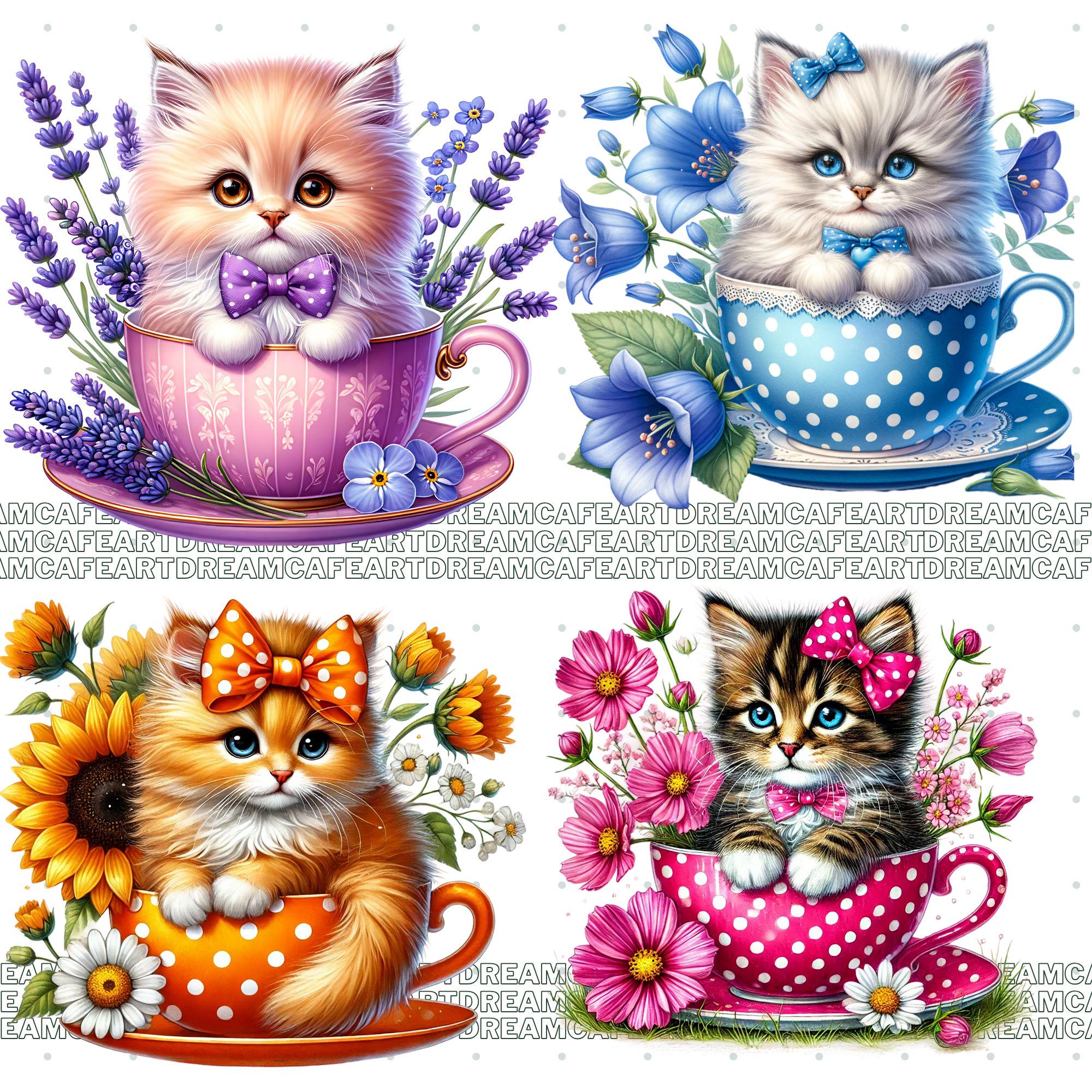 40 PNG Floral Cat Clipart Bundle, Adorable Kitten Designs, Instant ...