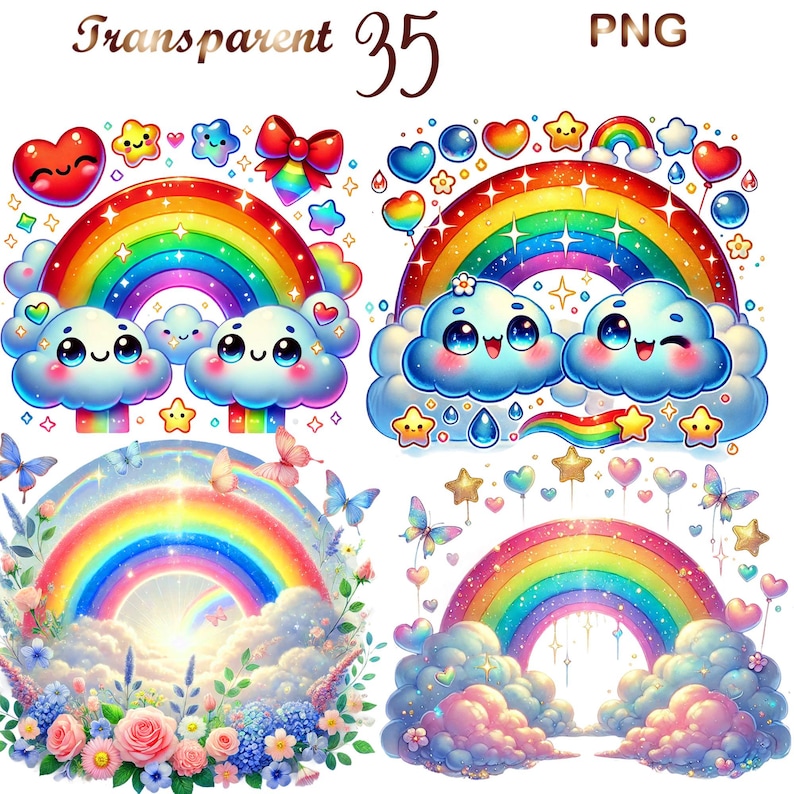 35 PNG, Rainbows Clipart Bundle, Cute Rainbow Clipart, Floral Rainbow ...