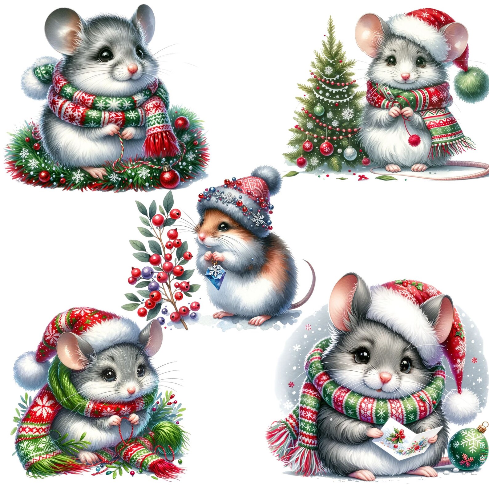 20 PNG, Christmas Mouse Clipart, Set 2, Xmas Mouse Png, Mouse Clipart ...
