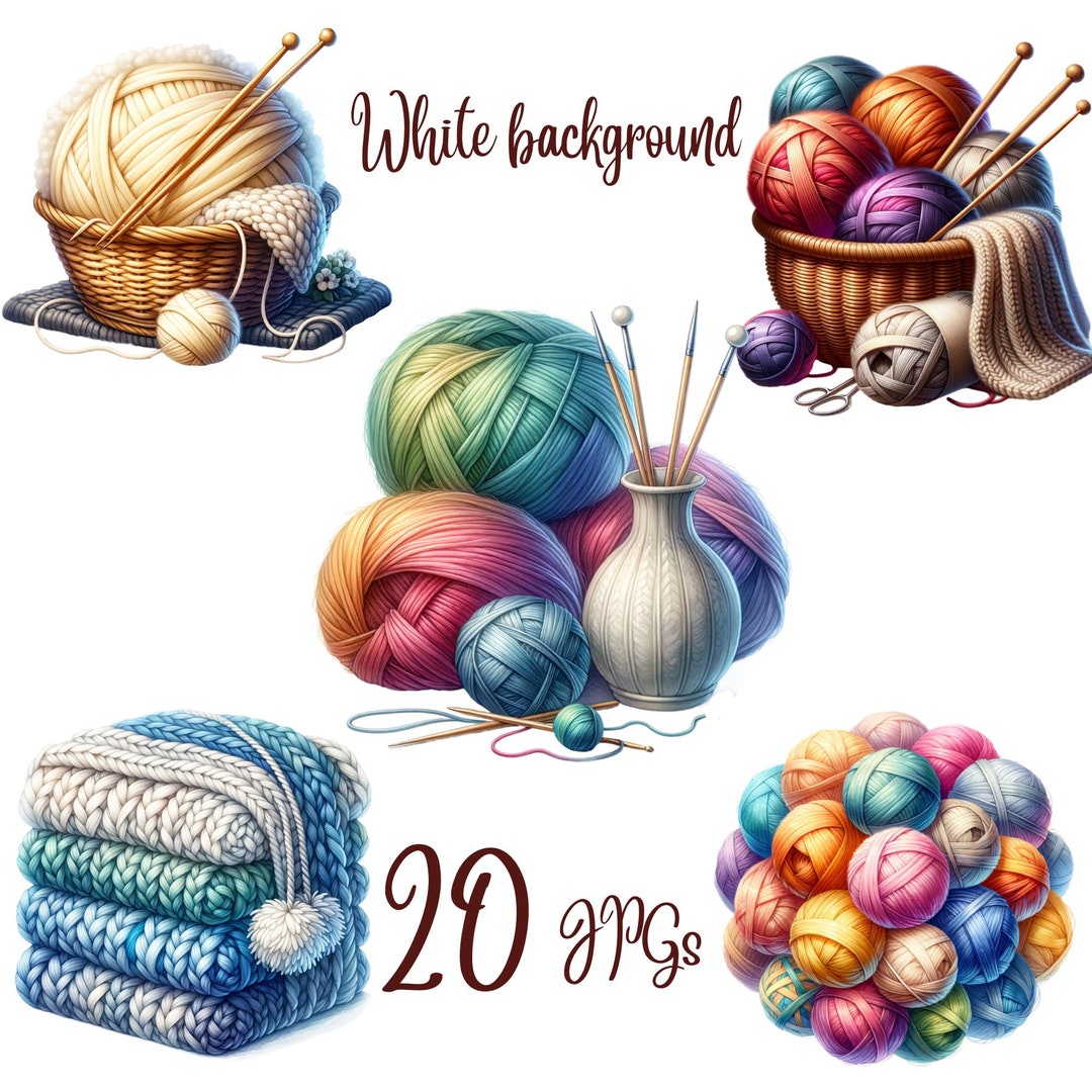 20jpgs, Watercolor Yarn and Wool Clipart,watercolor Knitted Goods ...