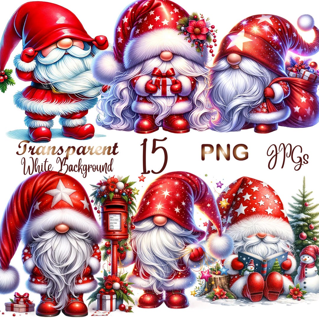 15 PNG and JPG, Santa Gnomes Bundle, Santa Claus Clipart, Christmas ...