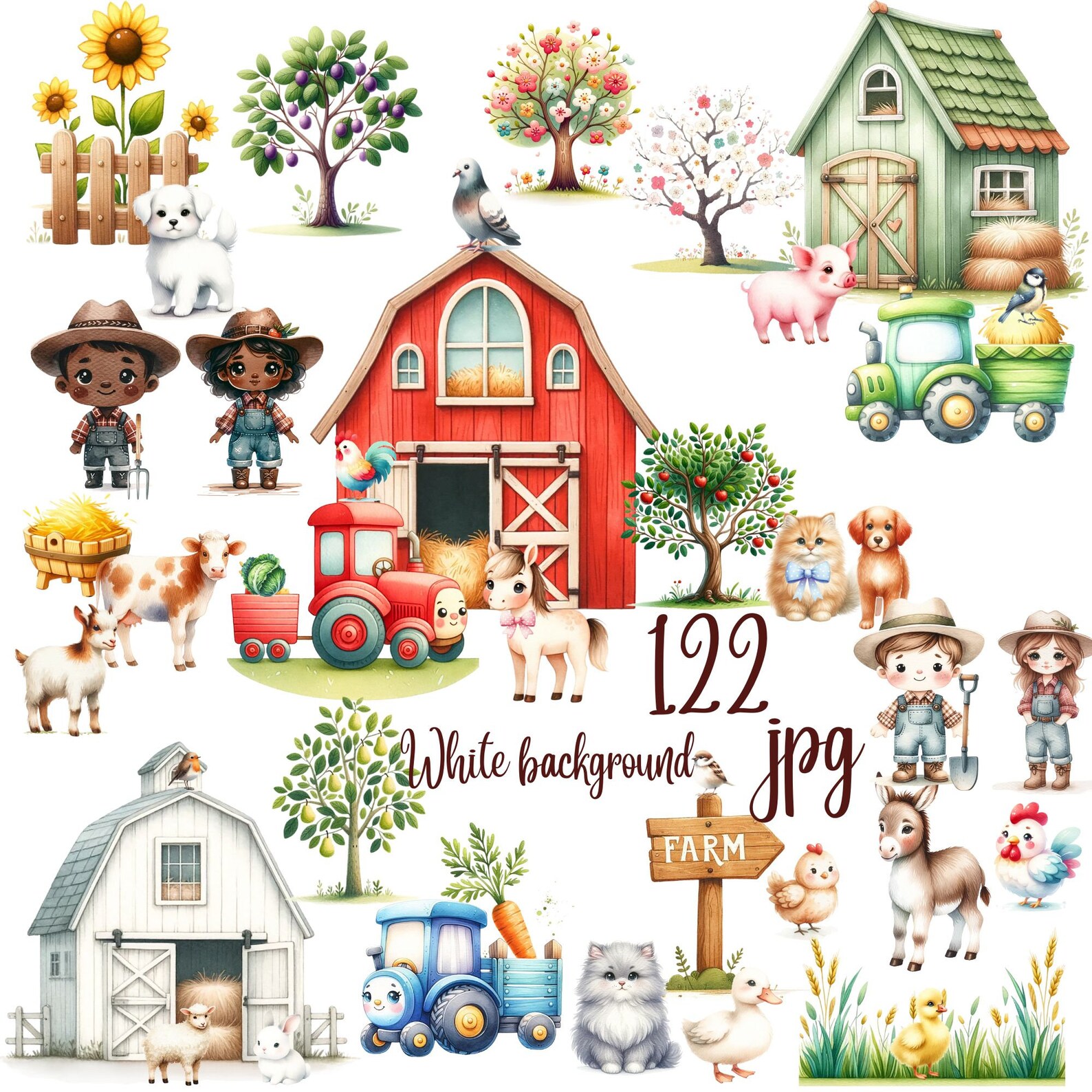 122 Jpgs, Watercolor Farm Animals Clipart Bundle, Cute Farm Clipart ...