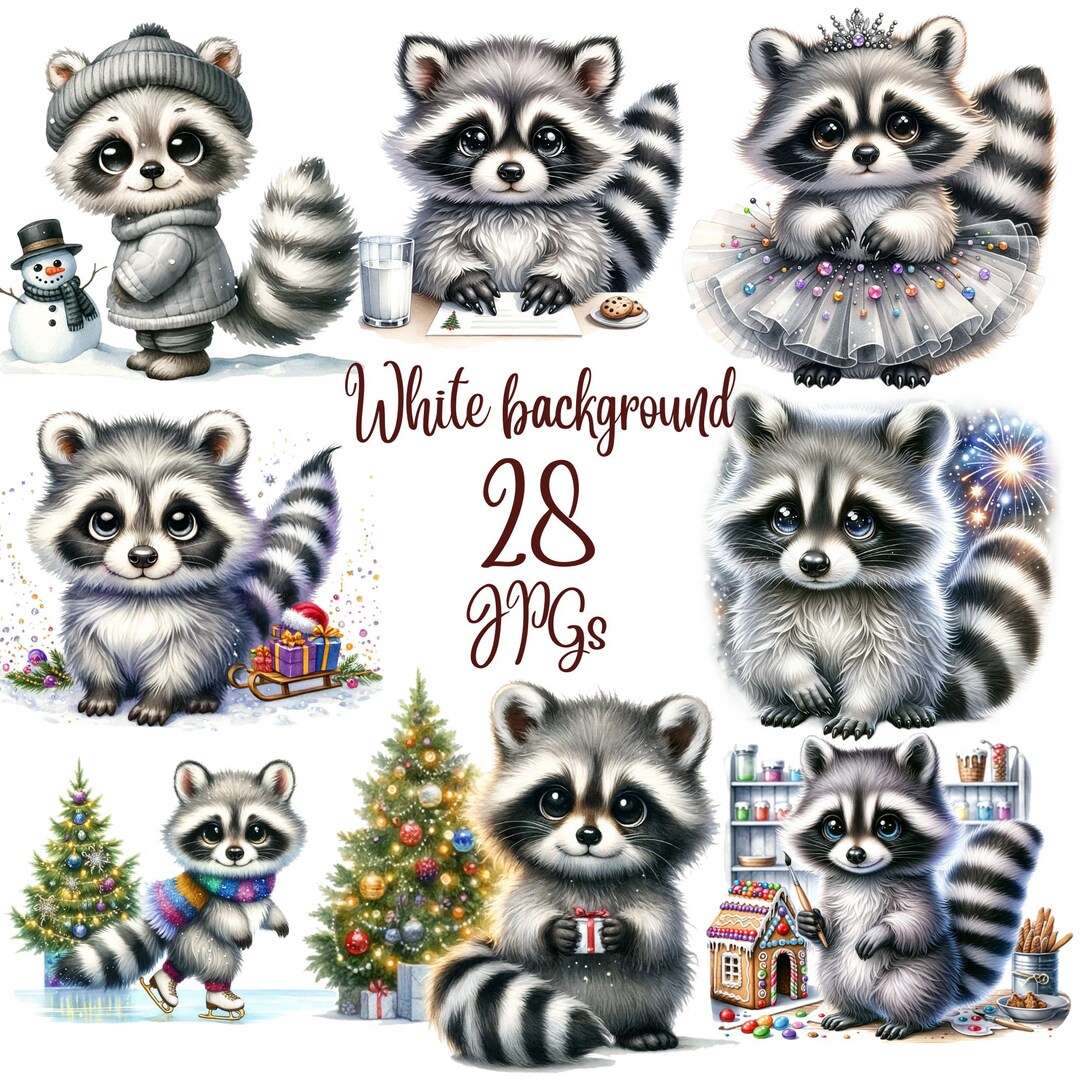 28 JPG, Christmas Raccoon Clipart Bundle, Raccoon Clipart, Happy ...