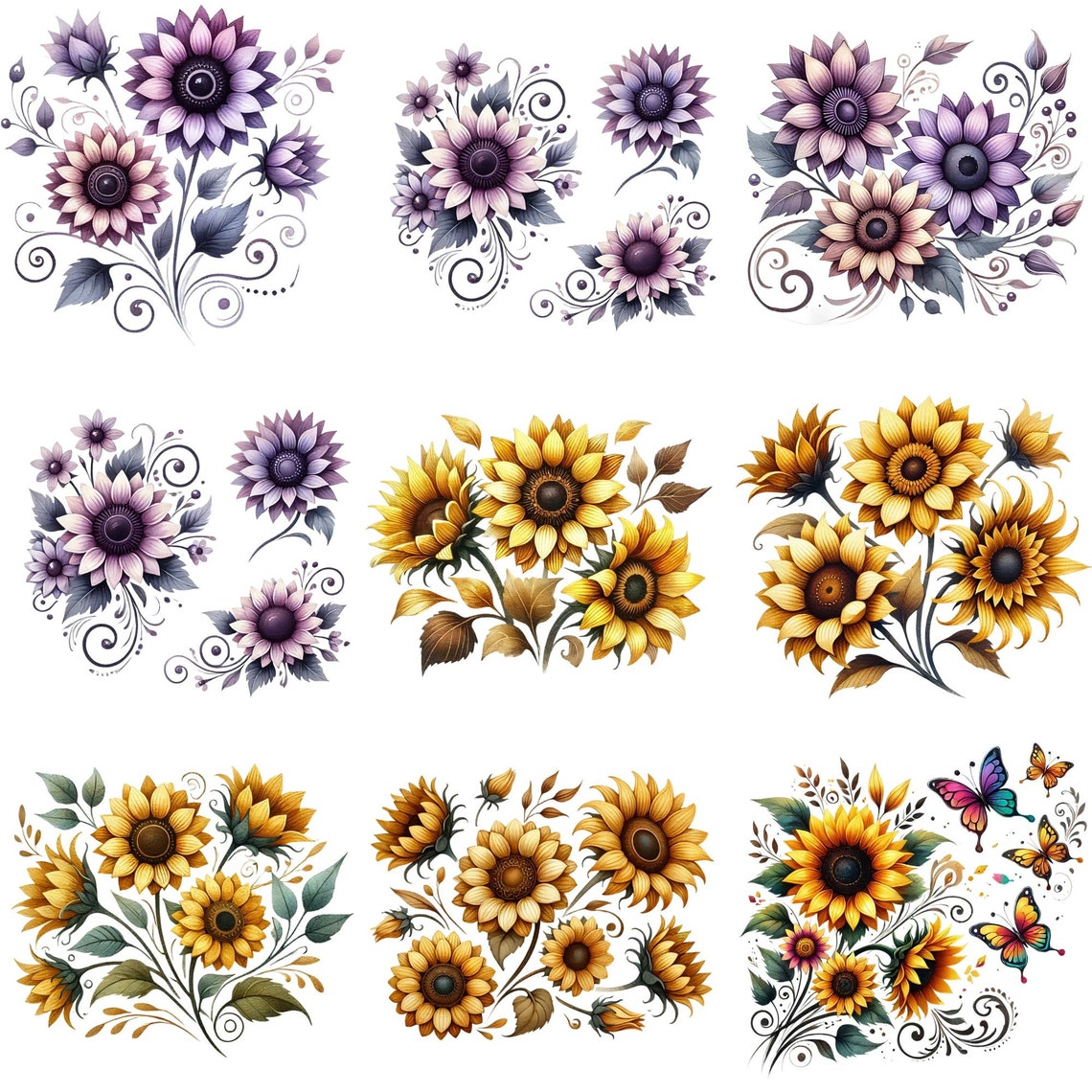 35 PNG, Stylized Sunflowers Clipart Bundle, Nursery Decor,sunflowers ...