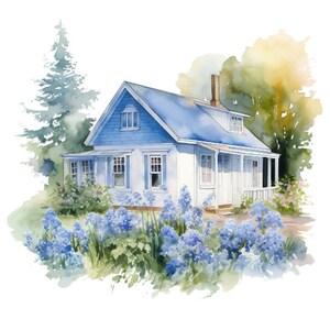 12 Watercolor Pastel Blue Houses Clipart Jpgs, Copy, Digital Planner ...