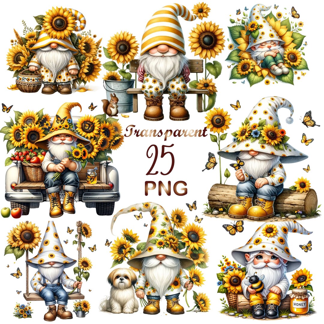 25 Png,sunflower Gnome Clipart Bundle,garden Gnome Watercolor Clipart ...