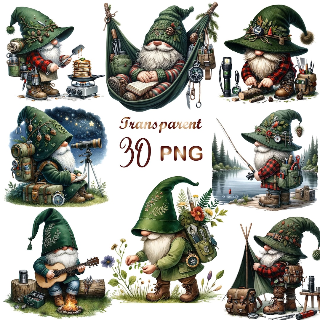 30 PNG Watercolor Camping Gnome Clipart Bundle, Fall Gnomes, Camp Fire ...