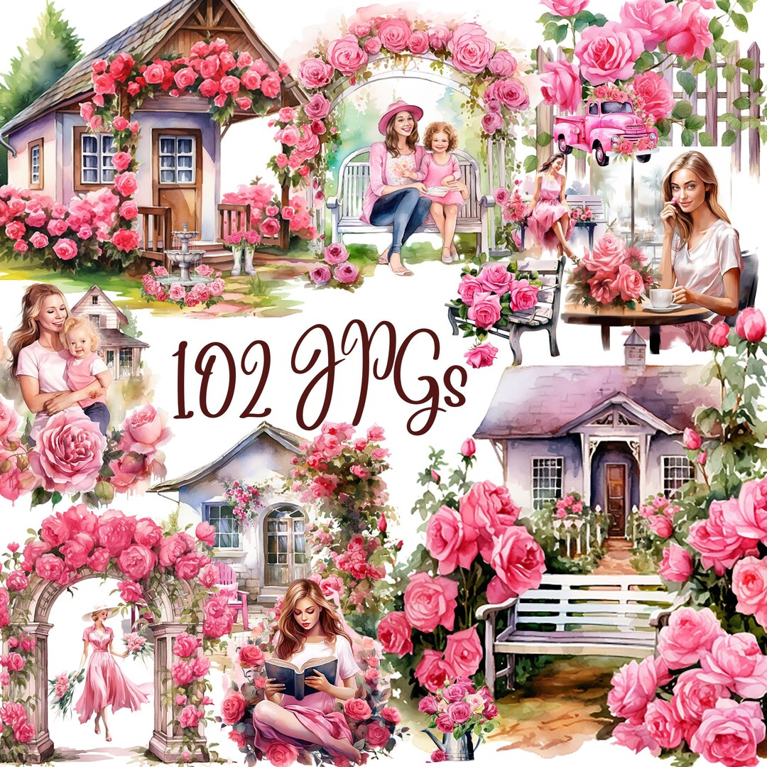 102 Watercolor Pink Roses Garden Clipart Jpgs Commercial - Etsy