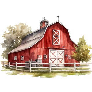 14 Watercolor Red Farm Clipart, Jpgs, Red Farm, Commercial Use, Digital ...