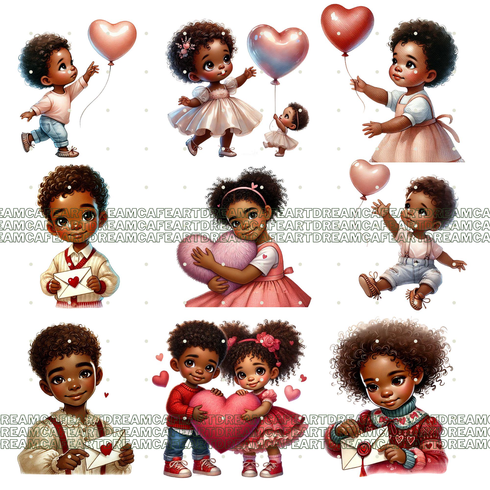 Afro American Valentine Kids Clipart Bundle, 93 PNG Cute Boys and Girls ...