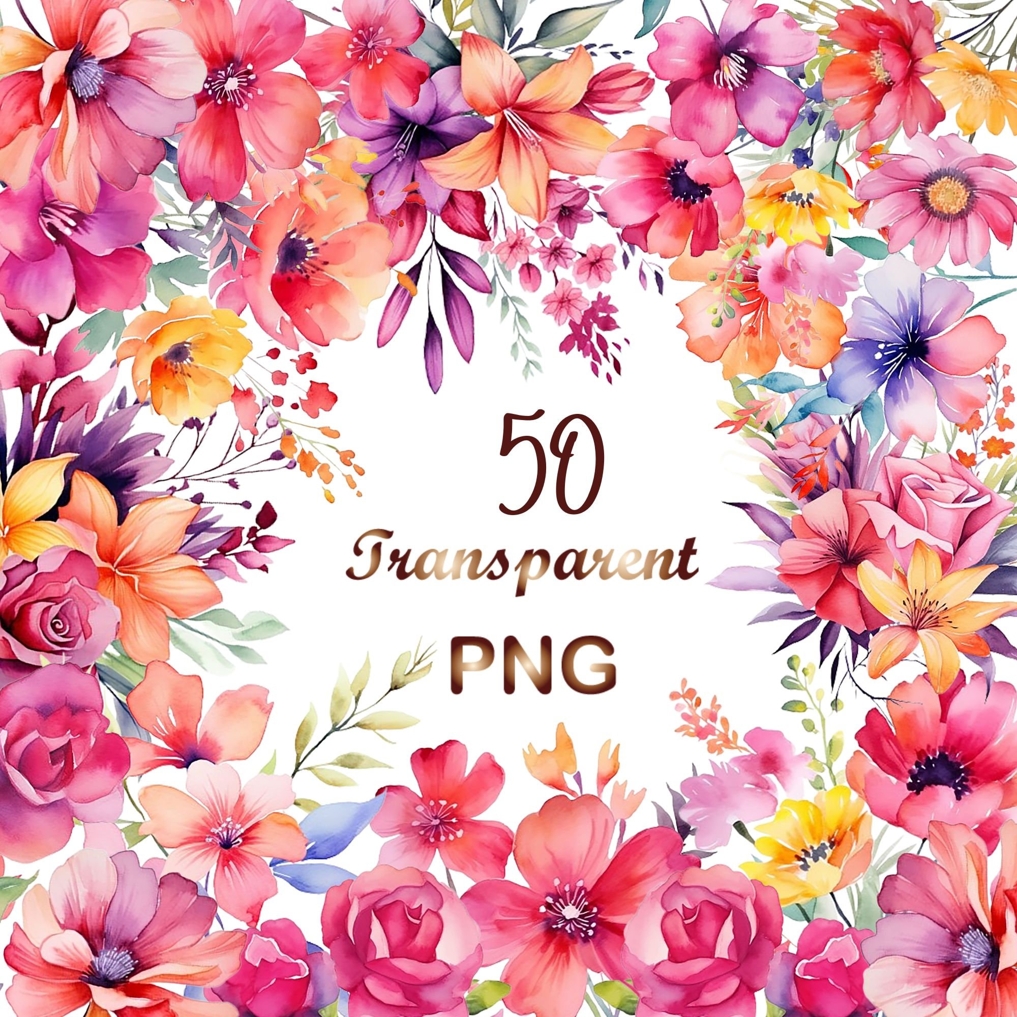 50 Watercolor Flower Bundle Clipart PNG, Flowers PNG, Pink Flowers ...