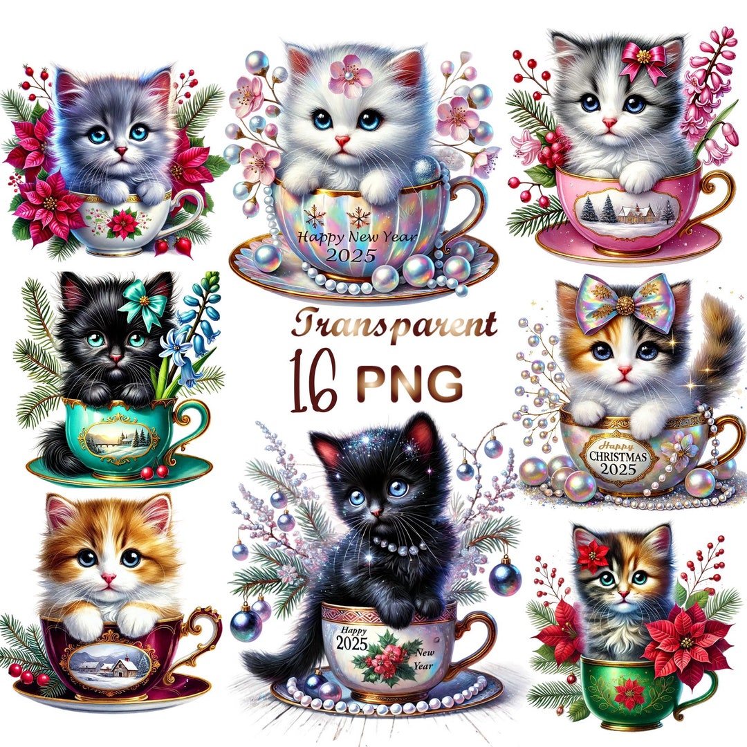16 PNG, Christmas Kitten Clipart Bundle, Set 2, Christmas Cat Clipart ...