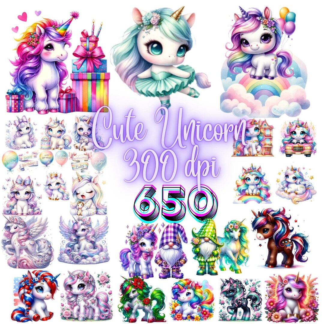 650 PNG, Unicorn Png Bundle, Cute Unicorn Clipart Bundle, Rainbow ...