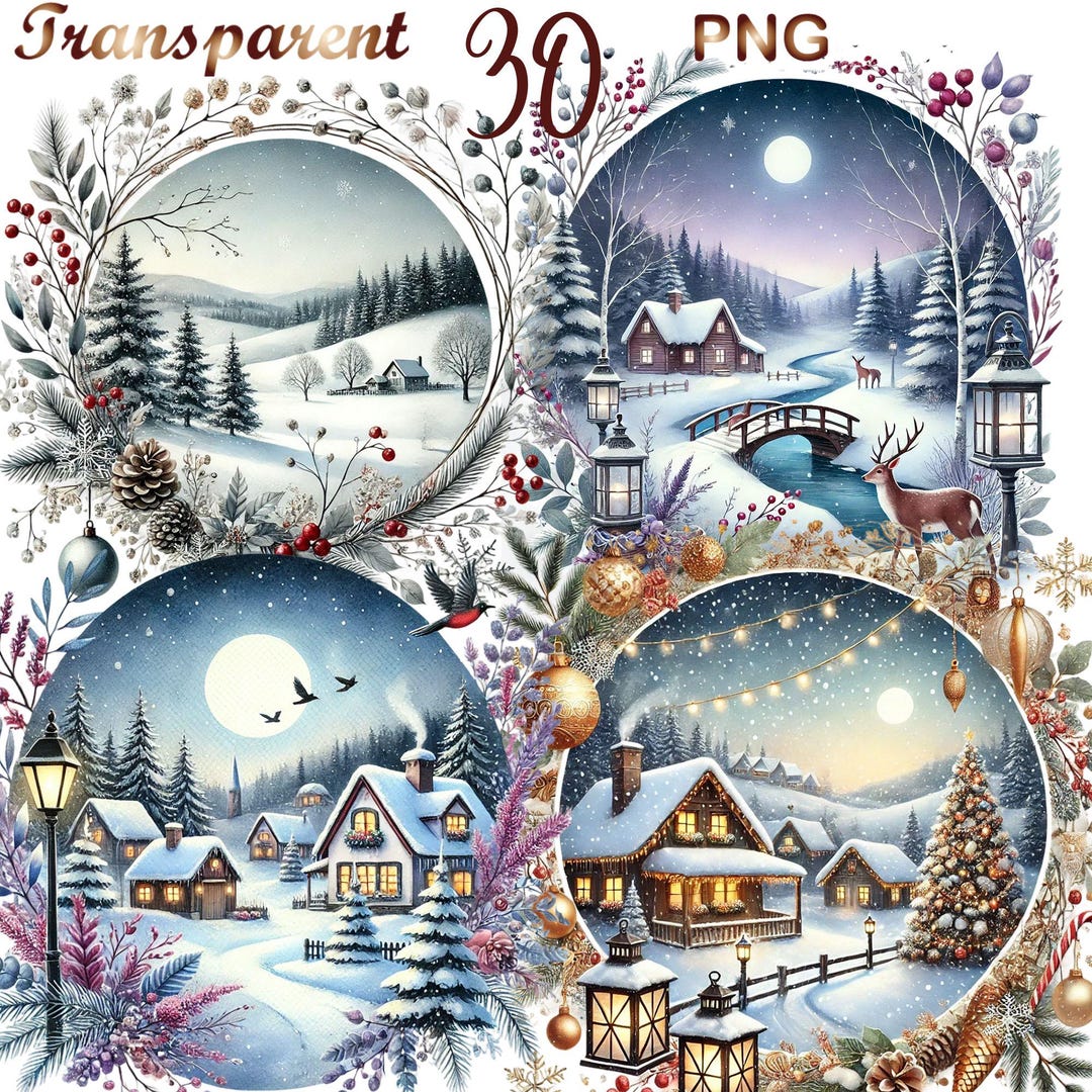 30 PNG Christmas Villages Clipart Bundle, Set 4, Round Winter Scene ...